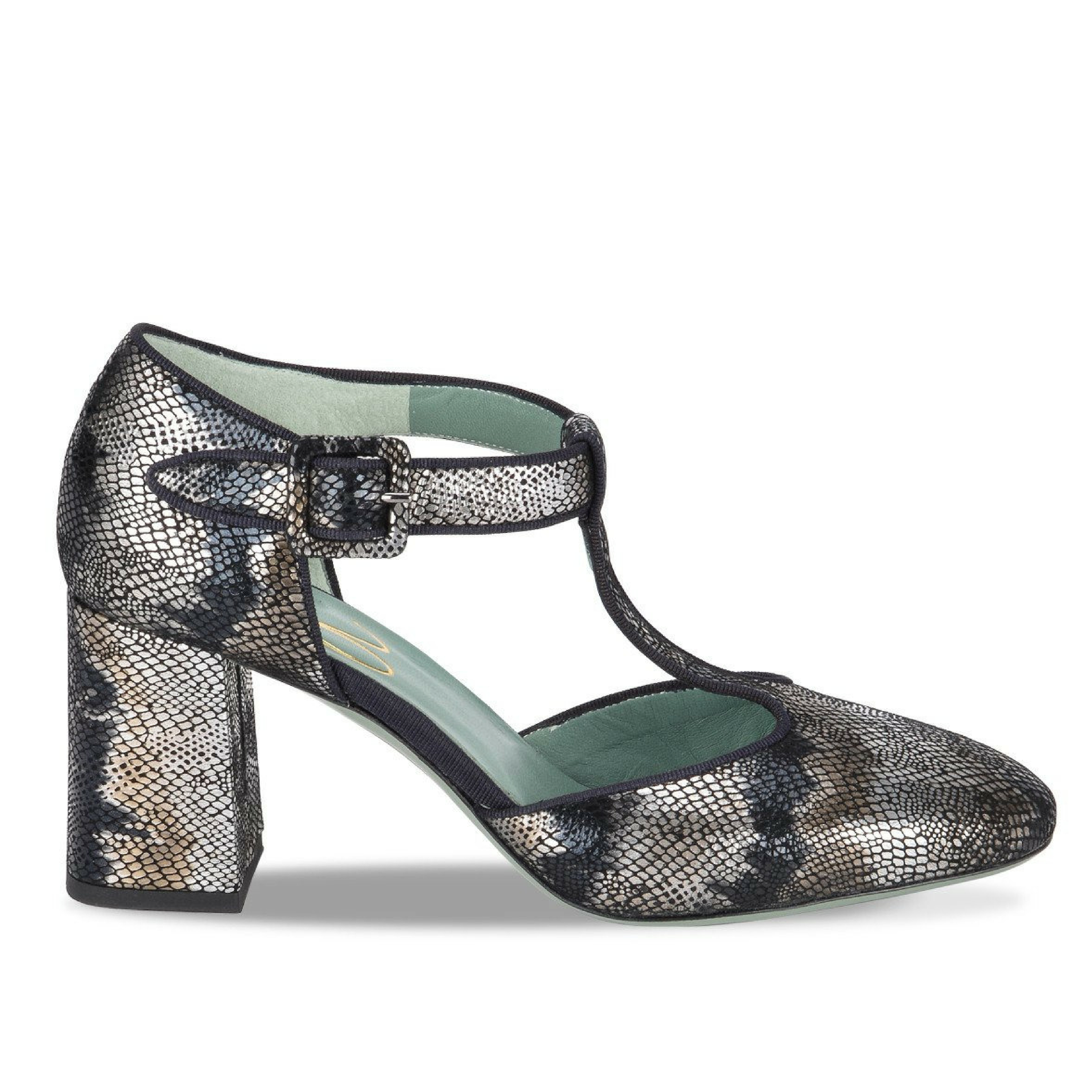 Paola D'Arcano T-Bar Pumps in Silver Embossed Snake – Timeless